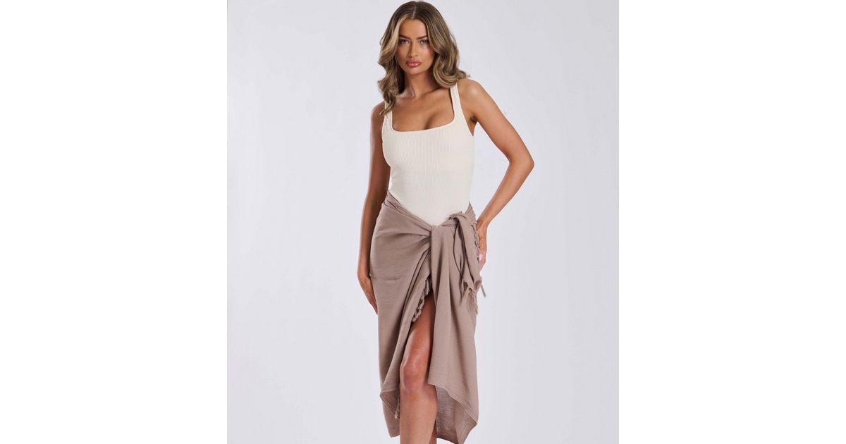 South Beach Brown Crinkle Fringed Midi Sarong | New Look