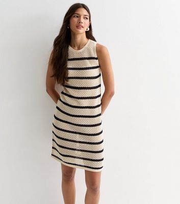 JDY Off White Striped Open-Knit Dress | New Look