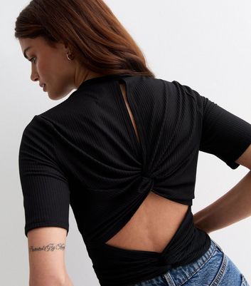 Black Ribbed Jersey Twist Back Top | New Look