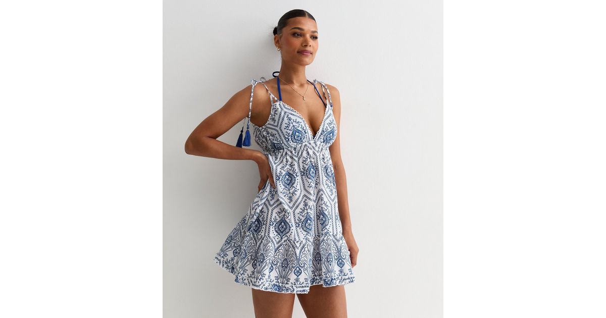 White Cotton Embroidered Tassel Tile Print Mini Dress | New Look