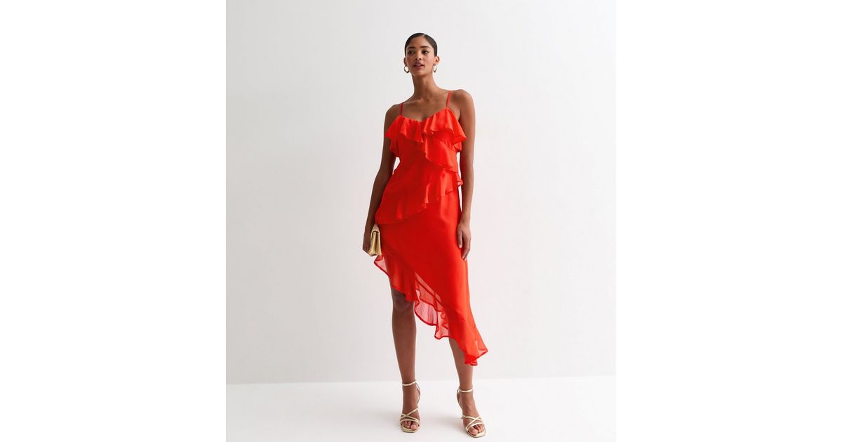 Red Ruffle-Trim Asymmetric Strappy Dress | New Look
