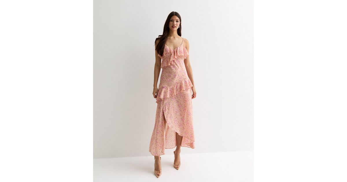 Pink Floral Chiffon Strappy Ruffle Midi Dress | New Look