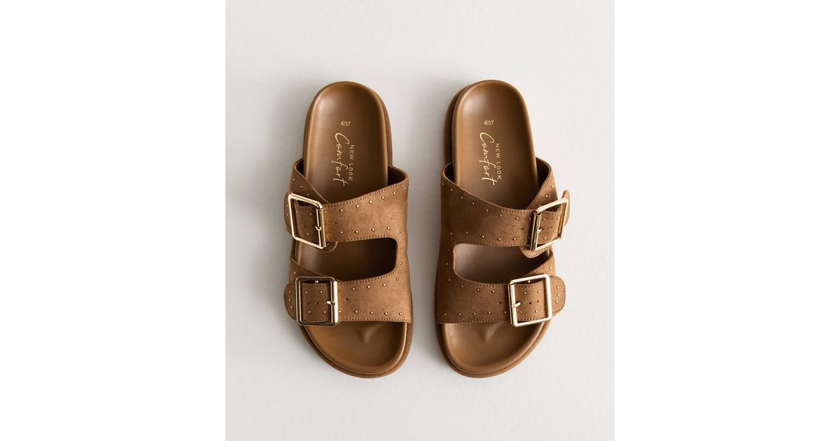 Light Brown Suedette Stud Embellished Flat Sandals | New Look