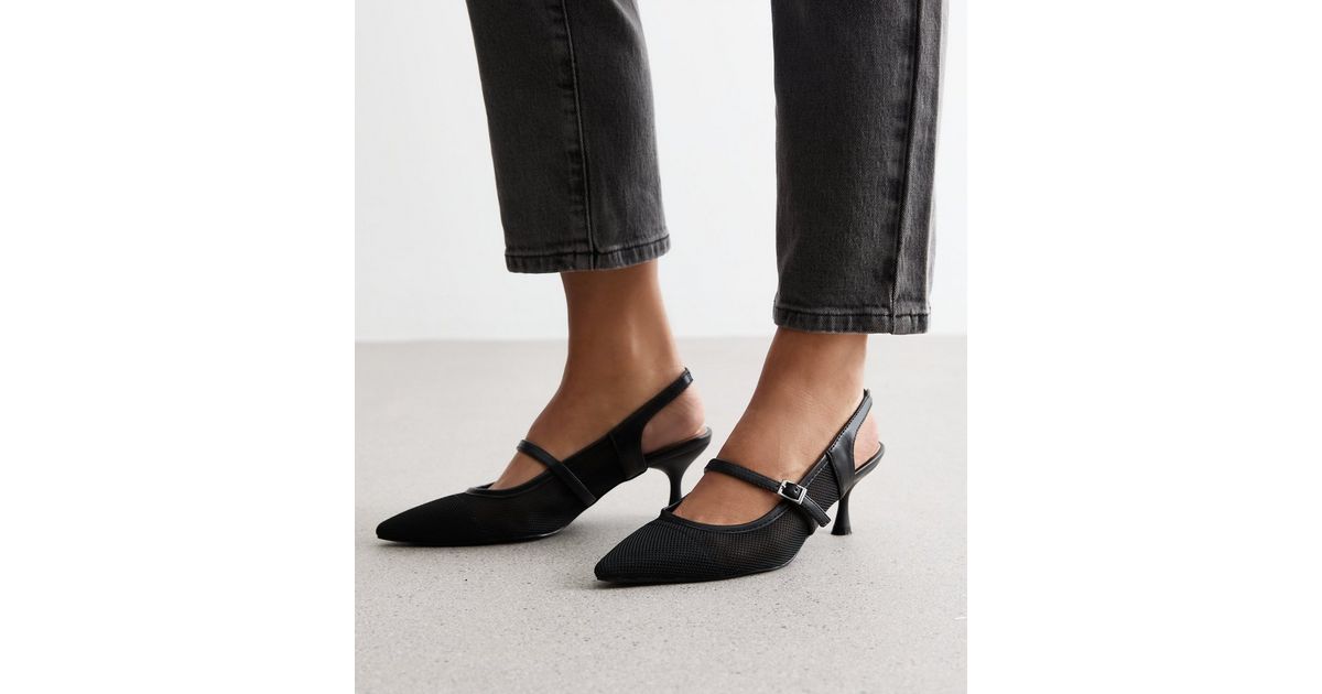 Black Mesh Pointed Toe Slingback Heel Court Shoes | New Look