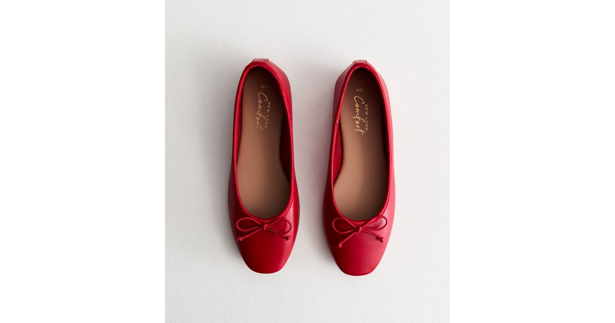 Red Leather-Look Ballerina Pumps | New Look
