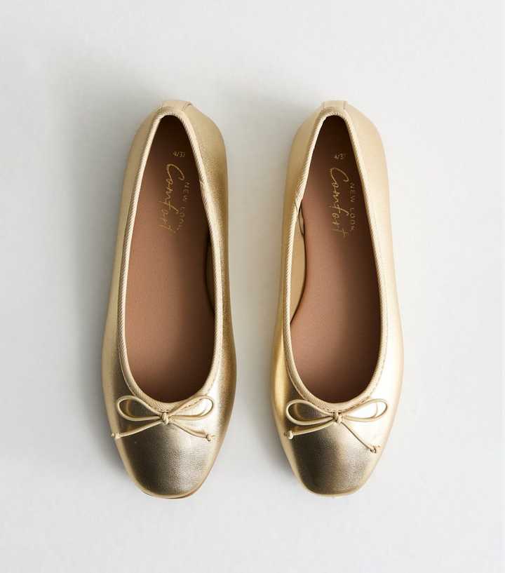 Gold Metallic Leather-Look Ballerina Pumps | New Look