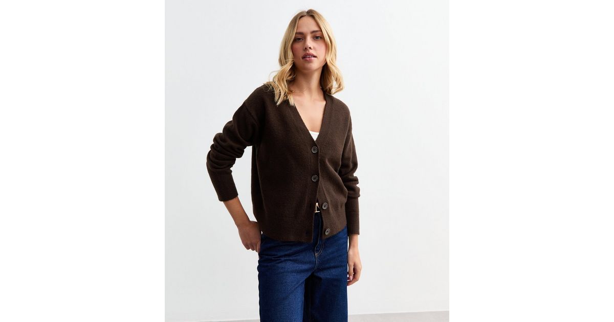 Dark Brown Button Knit Cardigan | New Look