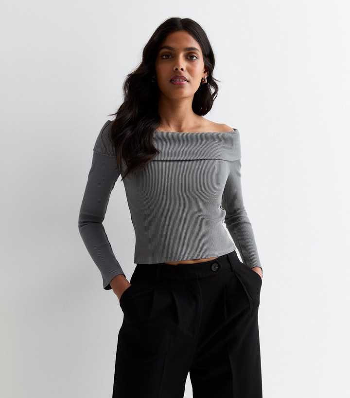 Dark Grey Ribbed Bardot Long Sleeve Top | New Look