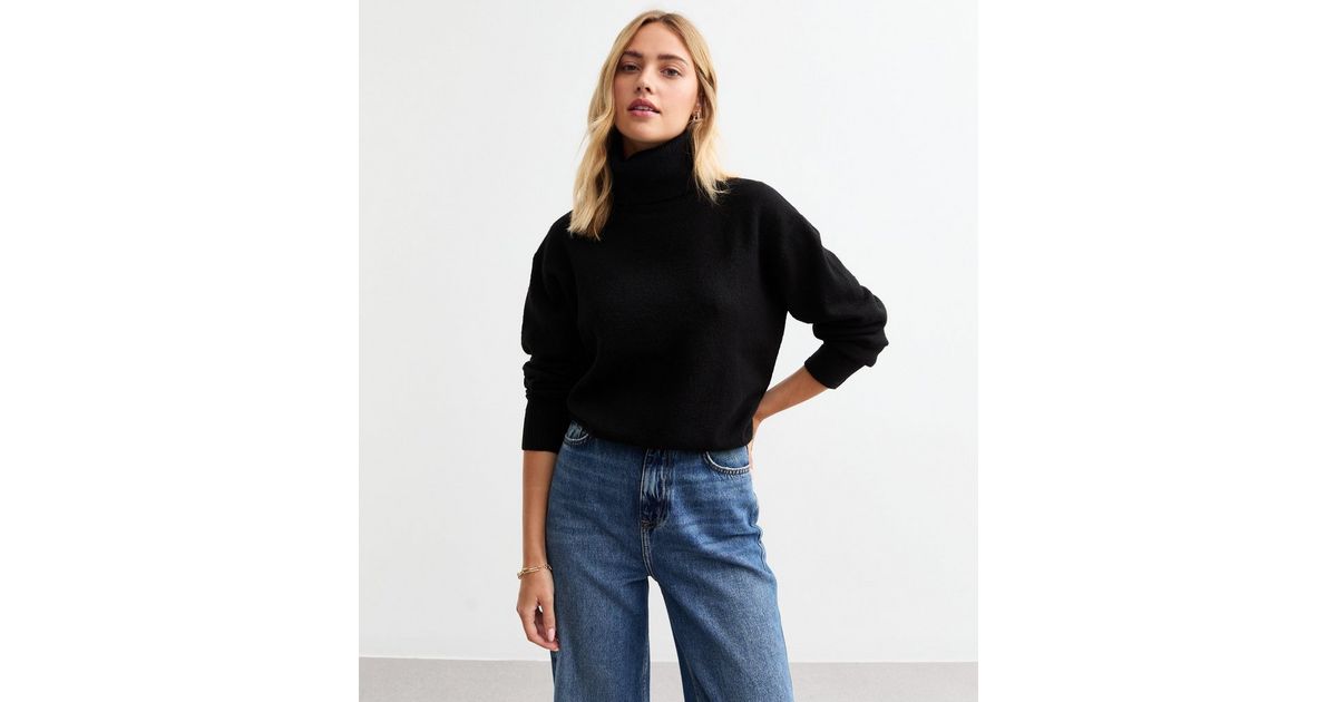 Black Roll Neck Step Hem Jumper | New Look