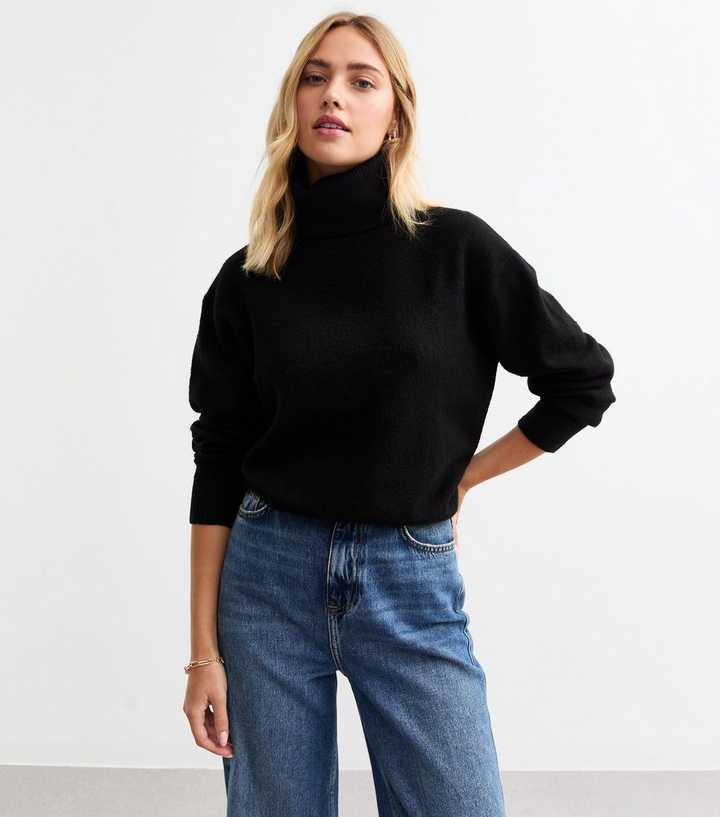 Black Roll Neck Step Hem Jumper | New Look