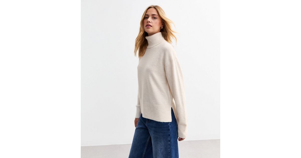 Off White Roll Neck Step Hem Jumper | New Look