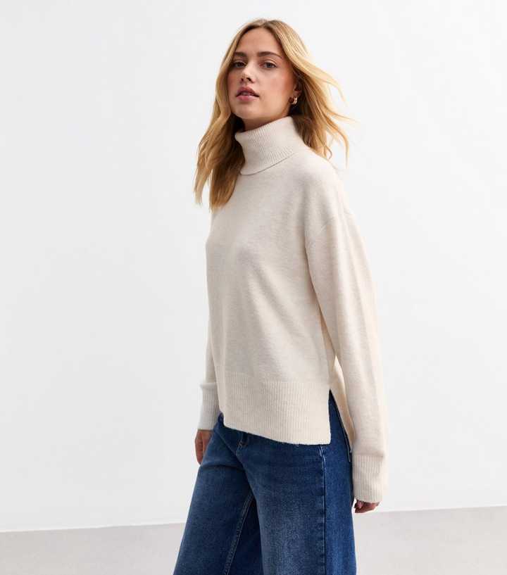 Off White Roll Neck Step Hem Jumper | New Look