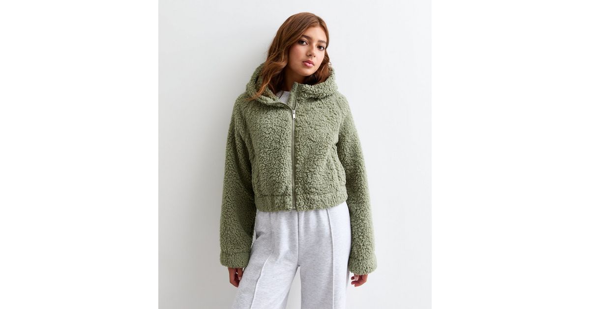 Girls Olive Borg Zip Through Hooded Jacket | New Look