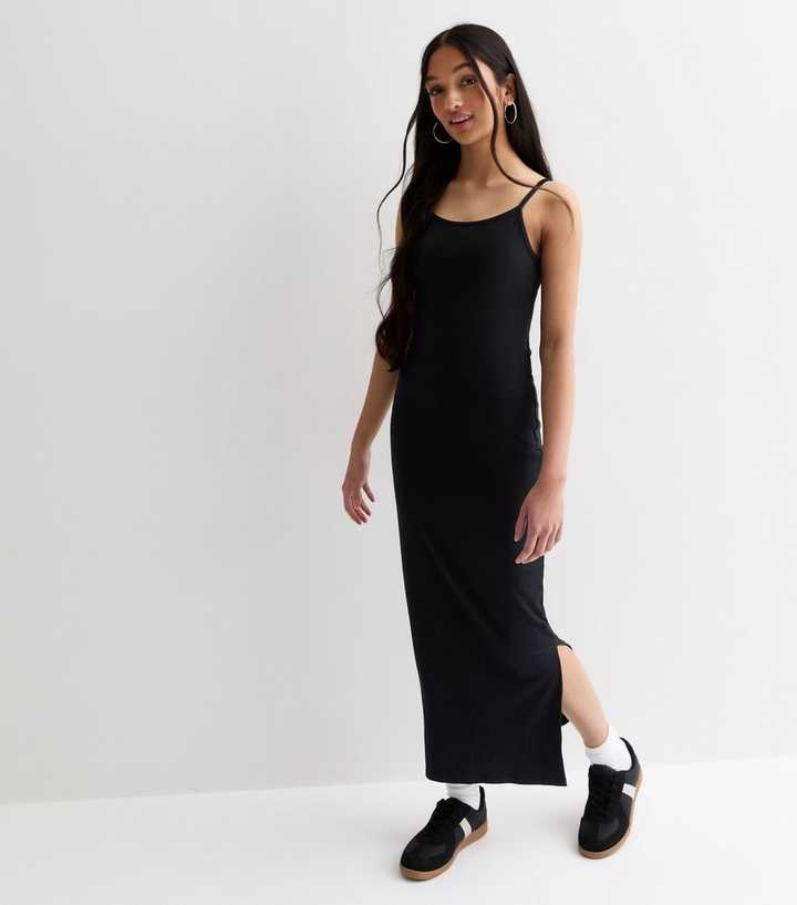 Girls Black Ribbed Strappy Maxi Dress | New Look