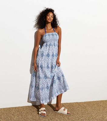 Blue Cotton Shirred Tile-Print Bandeau Maxi Dress | New Look