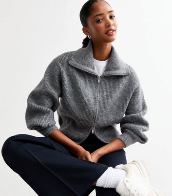 Mid Grey Rib Knit High Neck Cardigan | New Look