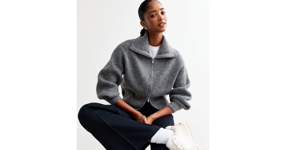 Mid Grey Rib Knit High Neck Cardigan | New Look