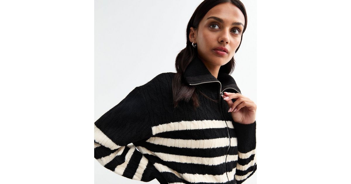 Black Striped Cable Knit Zip Through Cardigan | New Look