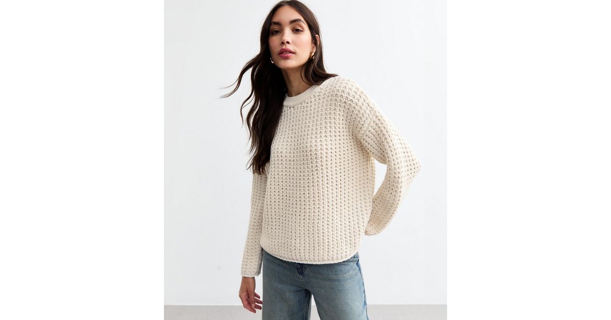 Off White Moss Stitch Crew-Neck Jumper | New Look