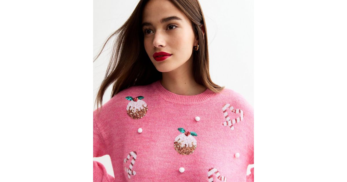 Pink Christmas Knitted Candy Cane Jumper | New Look