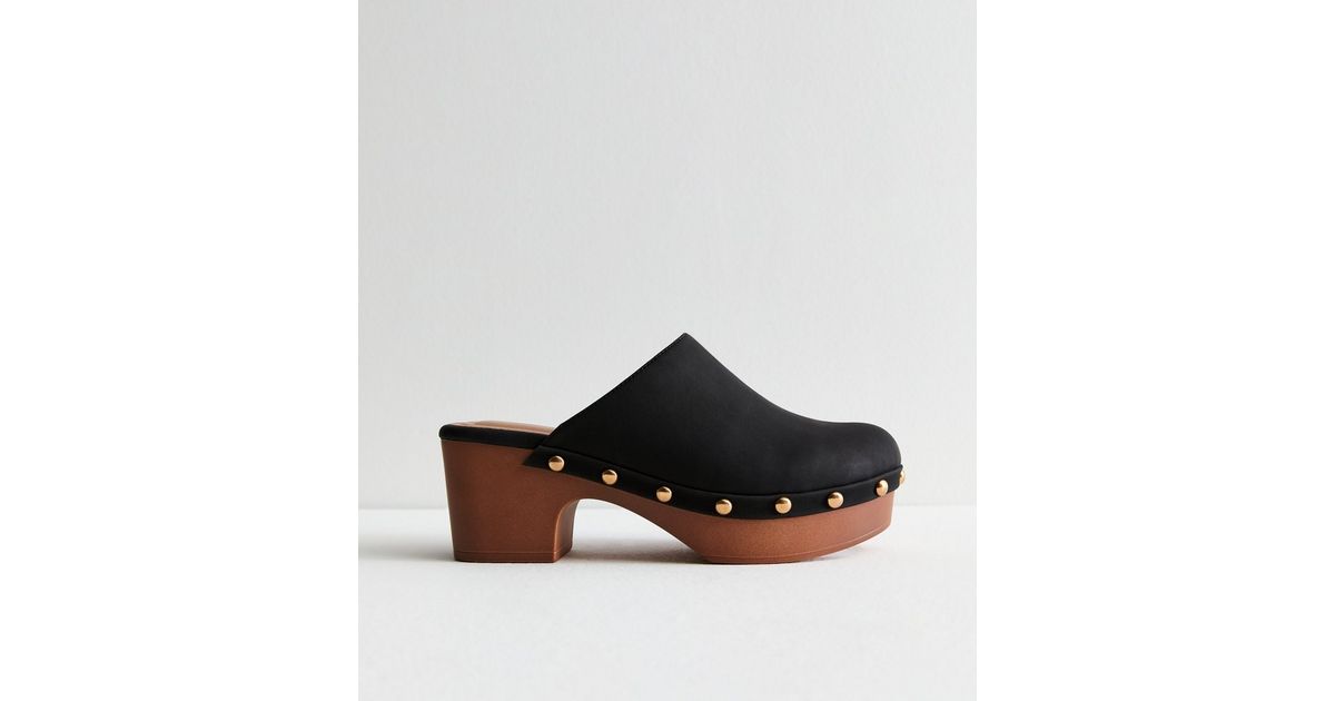 Black Leather-Look Block-Heel Clogs | New Look