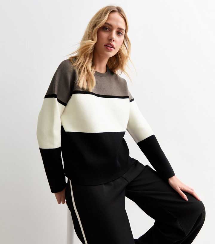 Brown Compact Knit Colour Block Jumper | New Look