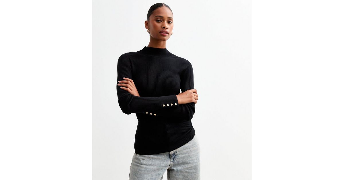 Black Ribbed Buttoned Cuff Jumper | New Look