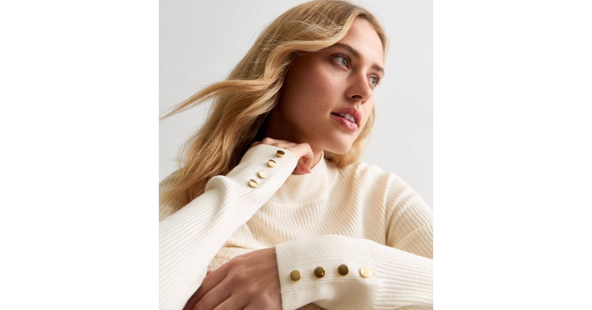 Off White Ribbed Buttoned Cuff Jumper | New Look