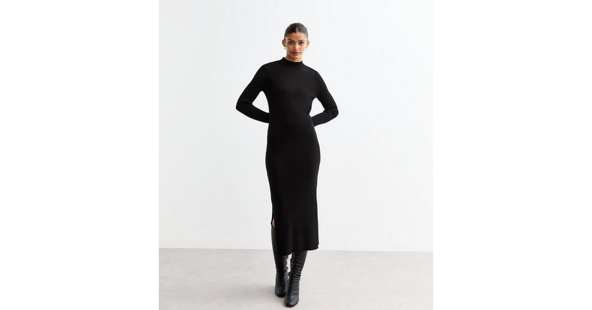 Black Rib Knit High Neck Midi Dress | New Look