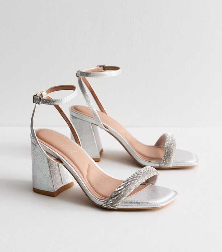 Wide Fit Silver Diamanté 2 Part Block Heel Sandals | New Look
