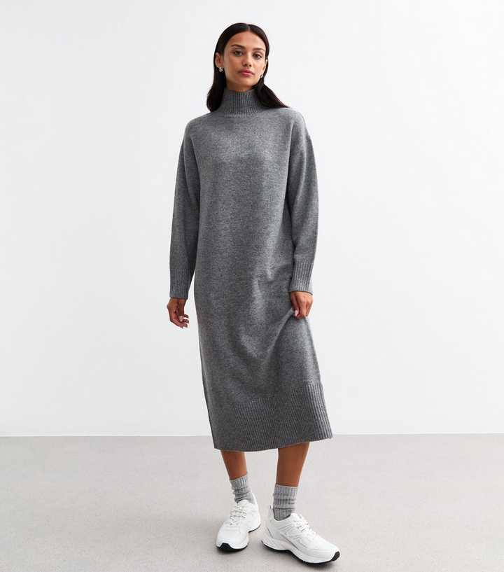 Grey Knit High Neck Midi Dress | New Look