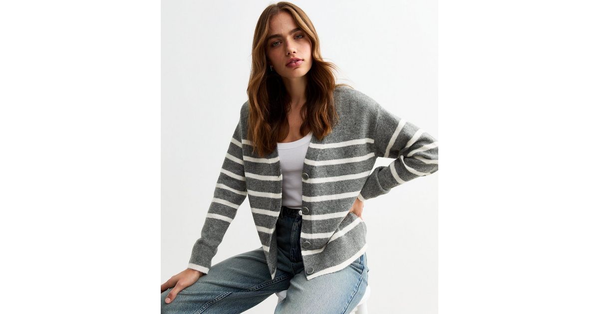 Grey Striped Button Up Knitted Cardigan | New Look