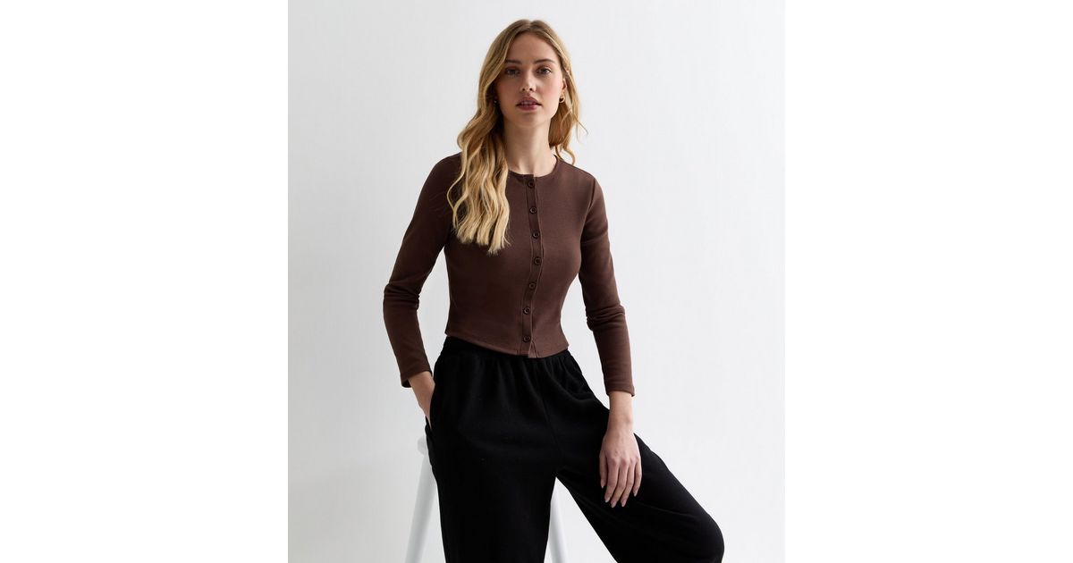 Dark Brown Ribbed Crew Neck Cardigan | New Look