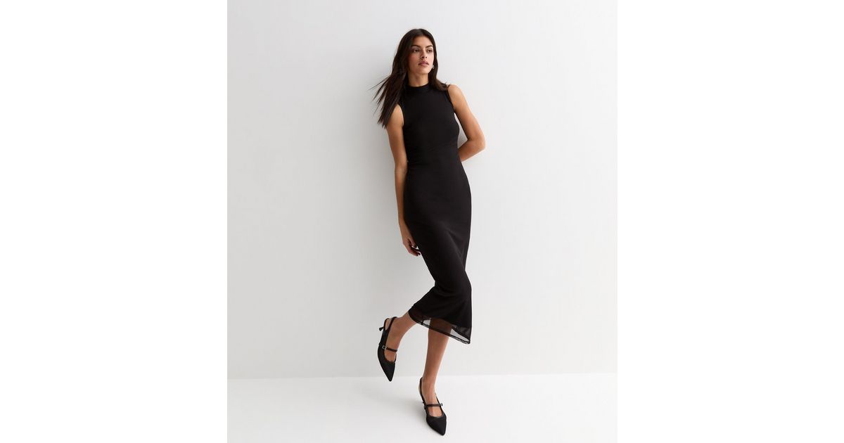 Black Mesh High Neck Midaxi Dress | New Look