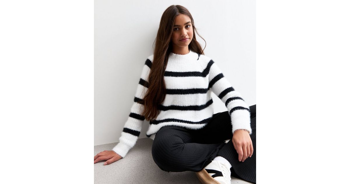 Girls White Striped Fluffy Jumper | New Look