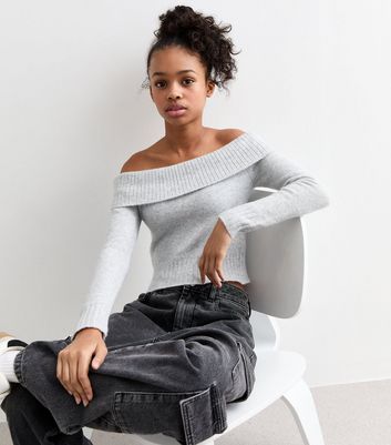 Girls Grey Knit Bardot Jumper | New Look