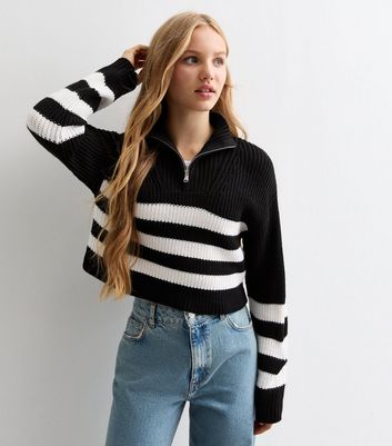 Girls Black Striped Half Zip Knit Jumper | New Look