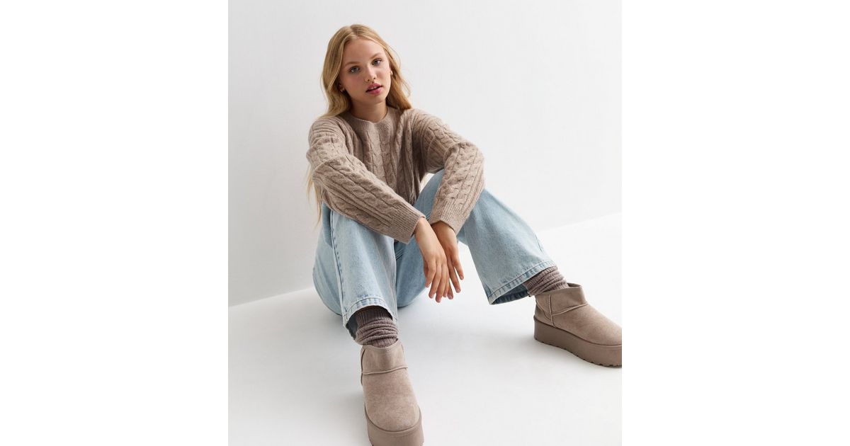 Girls Light Brown Cable Knit Crop Jumper | New Look
