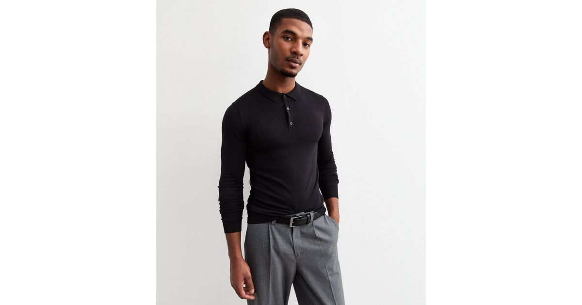 Black Slim Fine Knit Long Sleeve Polo Top | New Look