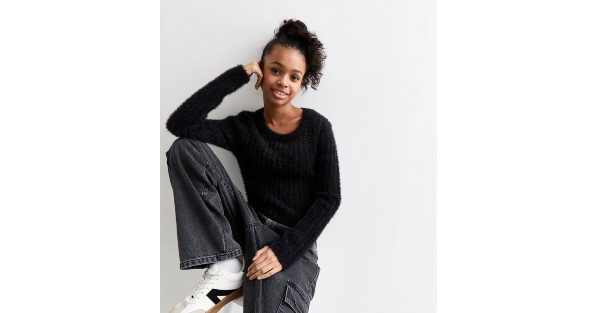 Girls Black Fluffy Ribbed Fitted Jumper | New Look