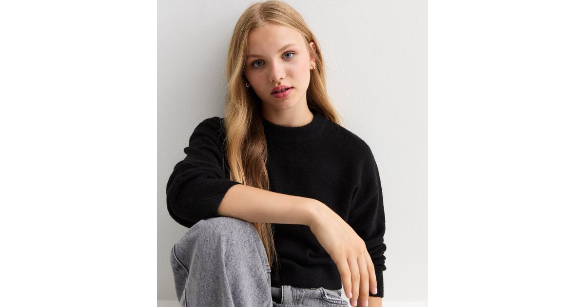 Girls Black Crop Ribbed Cuff Jumper | New Look