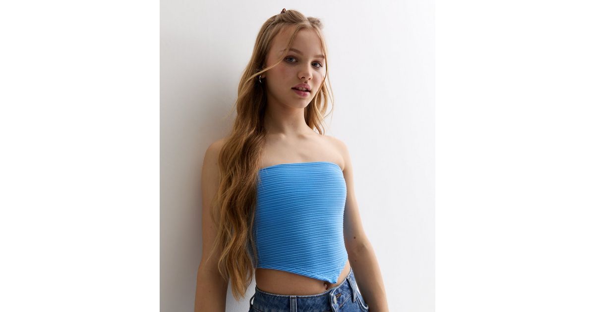 Girls Blue Textured Hanky Hem Bandeau Top | New Look