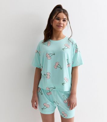 Girls Blue Soft Touch Short Pyjama Set with Cherry Heart Print | New Look