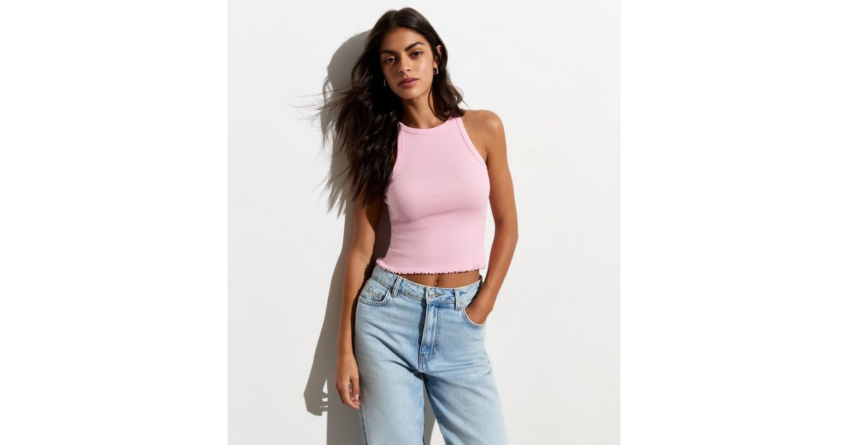 Pink Frill-Hem Crop Racer Vest | New Look