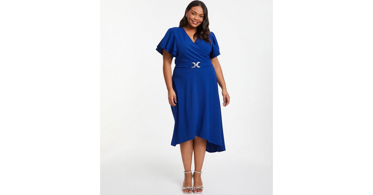 QUIZ Curves Blue Belted Wrap Front Midi Dress | New Look