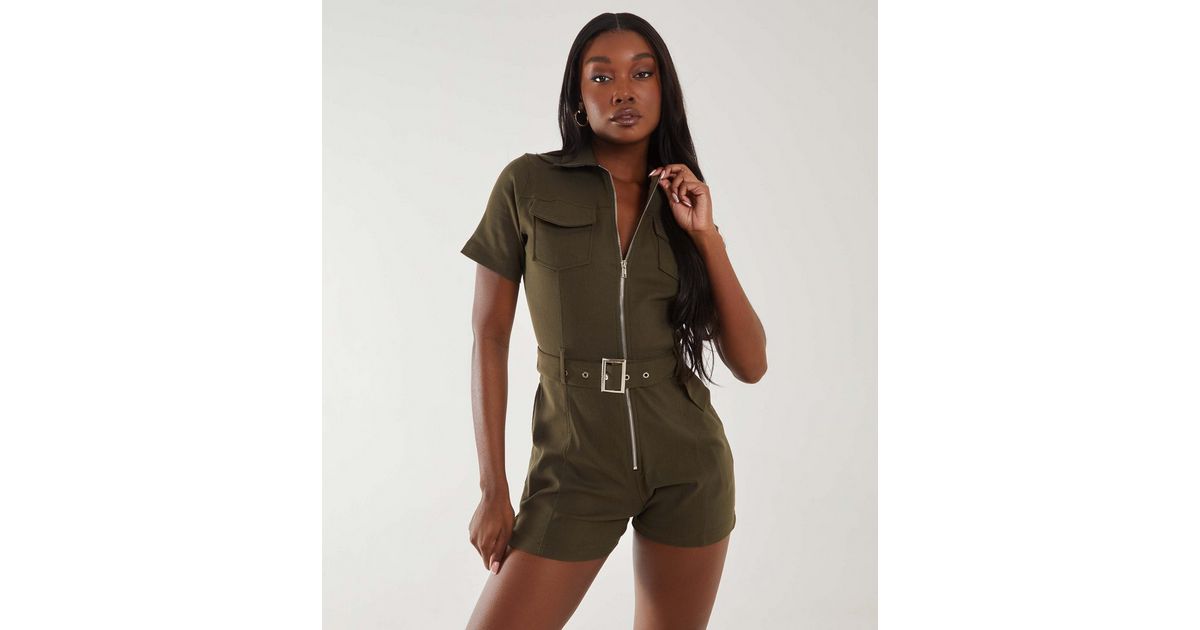 Pink Vanilla Khaki Belted Utility Playsuit New Look