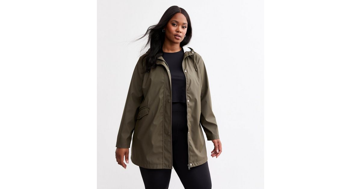 Curves Khaki Hooded Rain Coat | New Look