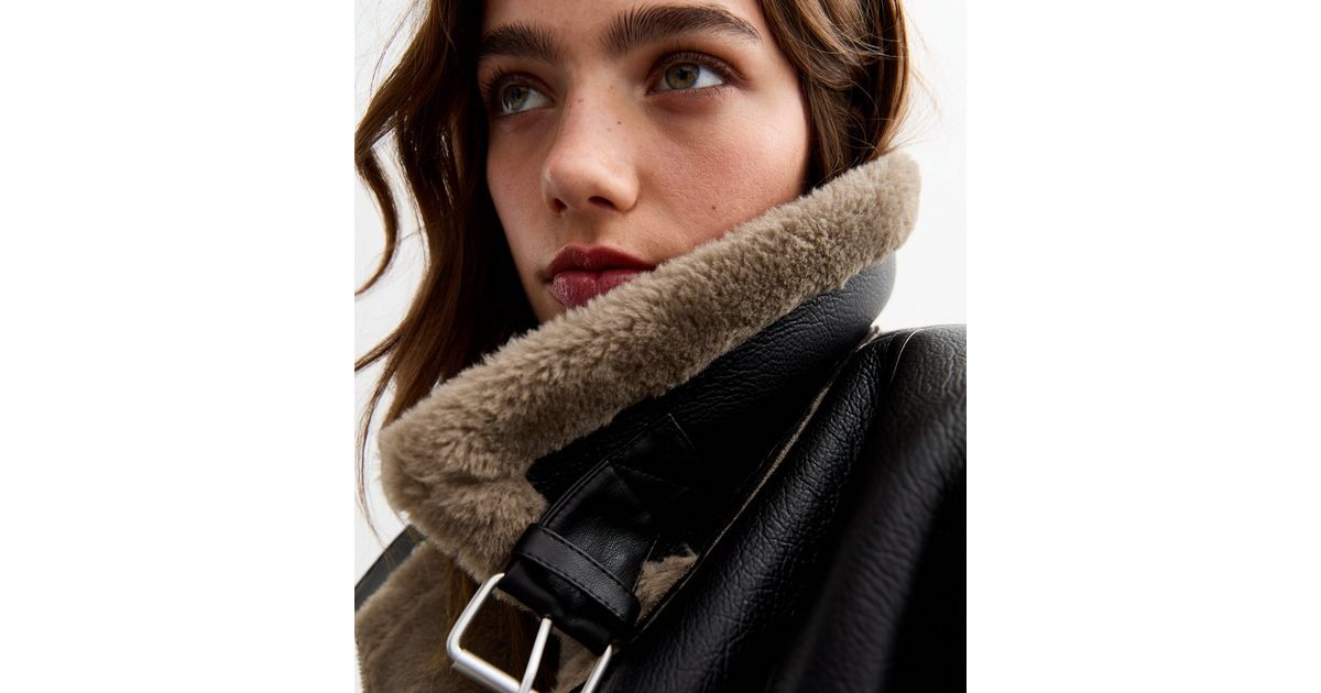 Black Faux Shearling Aviator Jacket | New Look