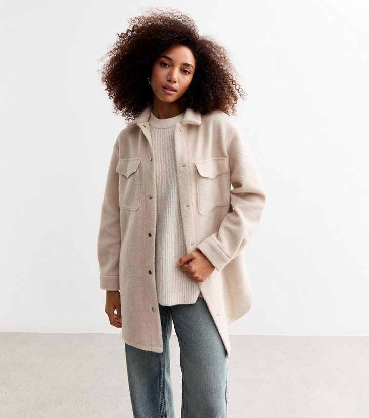 Cream Textured Press Stud Shacket | New Look