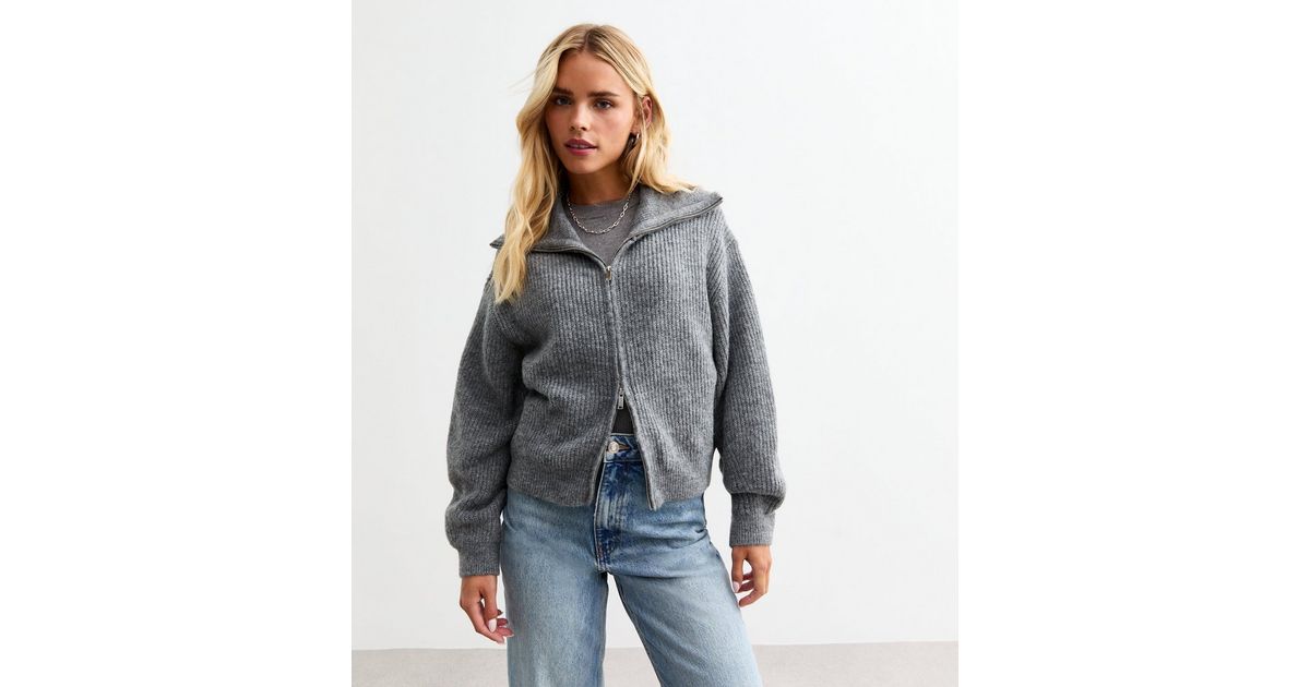 Petite Grey High Neck Two Way Zip Knitted Cardigan | New Look